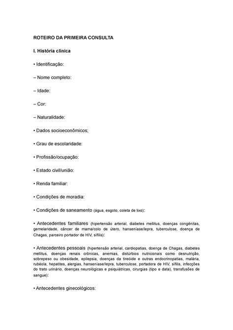 ROTEIRO DE PRIMEIRA CONSULTA DE PRÉ NATAL ROTEIRO DA PRIMEIRA