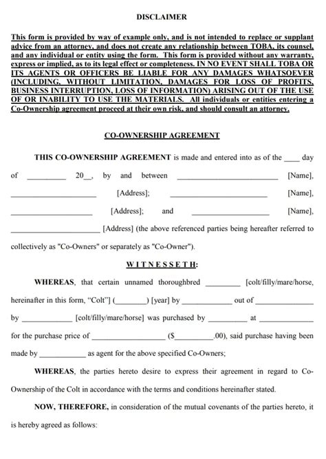 Property Co Owner Agreement Template Free Word Excel Templates