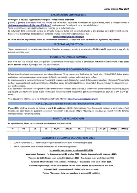 Circulaires de rentrée et Fournitures 2023 2024 Ensemble scolaire