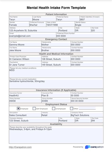 Printable Mental Health Intake Form Template