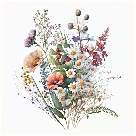 Premium AI Image Watercolor Colorful Wildflowers Bouquet Isolated On