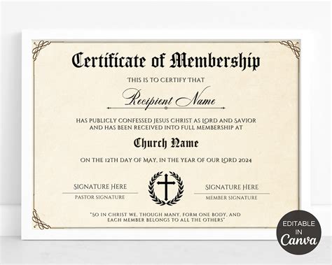 Editable Church Membership Certificate Template Printable Certificate