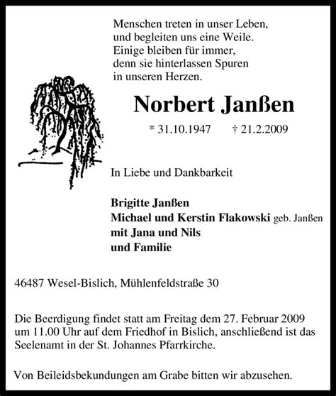 Traueranzeigen von Norbert Janßen Trauer in NRW de