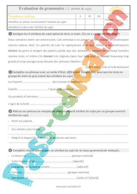 Evaluation Avec Le Corrig Pour Le Cm Sur Lattribut Du Sujet Bilan