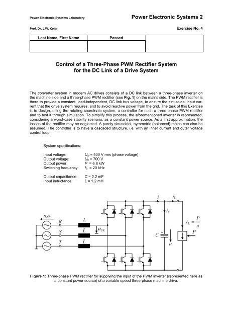 control of a three phase pwm rectifier system for the dc link