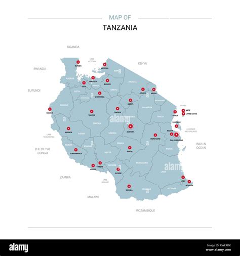 Tanzania Vector Map Editable Template With Regions Cities Red Pins