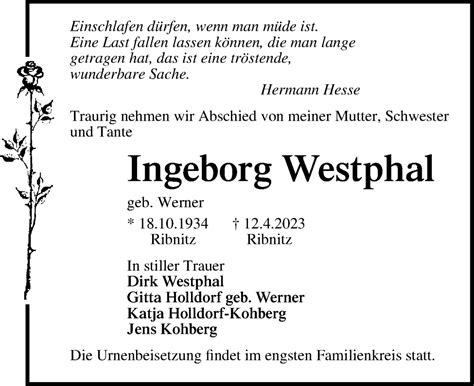 Traueranzeigen Von Ingeborg Westphal Trauer Anzeigen De
