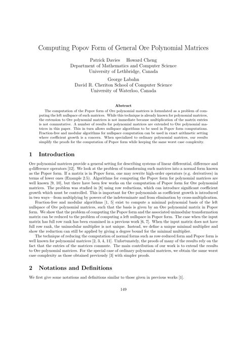 pdf computing popov form of general ore polynomial matrices