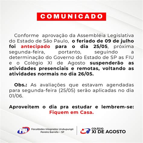 Comunicado Feriado Faculdades Integradas Urubupung Pereira