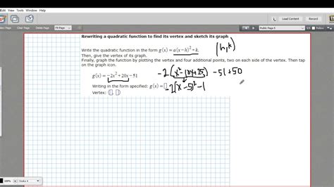 rewriting a quadratic function to find its vertex and sketch its graph youtube