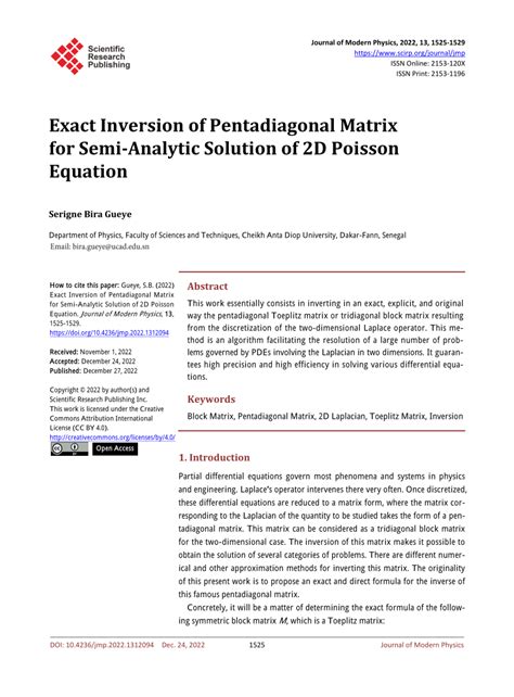 pdf exact inversion of pentadiagonal matrix for semi analytic solution of 2d poisson equation