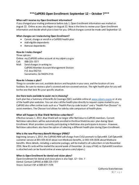 Fillable Online CalPERS Open Enrollment September 12 October Fax
