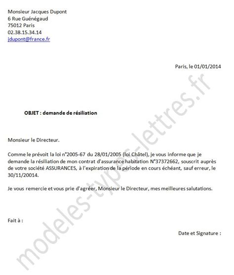 Modele De Lettre De Resiliation De Contrat