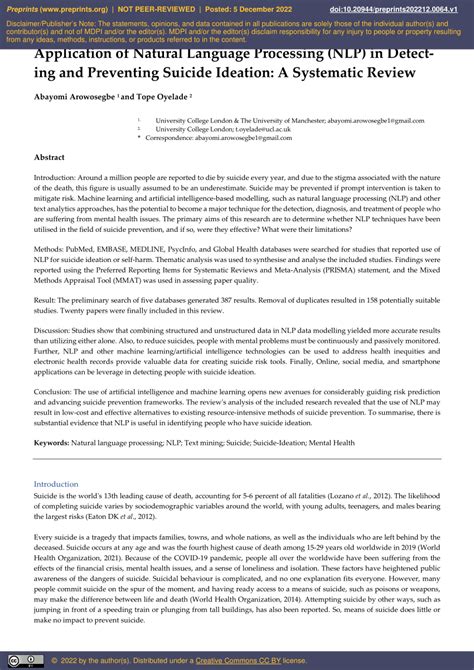pdf application of natural language processing nlp in detecting and preventing suicide