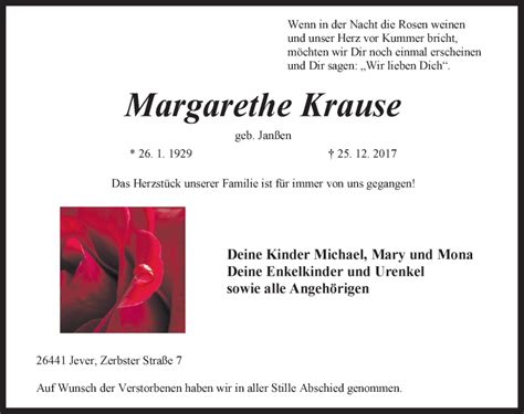 Traueranzeigen Von Margarethe Krause Nordwest Trauer De