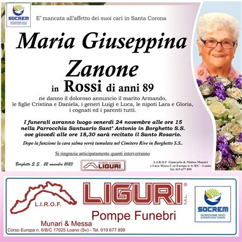 Necrologio MARIA GIUSEPPINA ZANONE In ROSSI Il Vostro Giornale