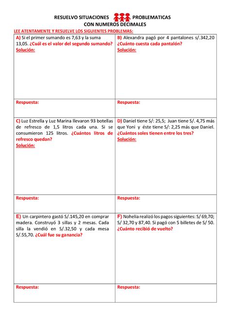 16 DIC Pract Problemas Decimales RESUELVO SITUACIONES PROBLEMATICAS