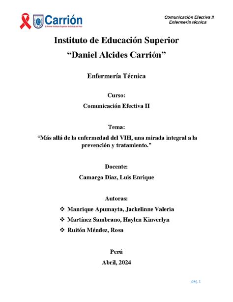 Monografia VIH Monografía VIH Enfermería técnica Instituto de