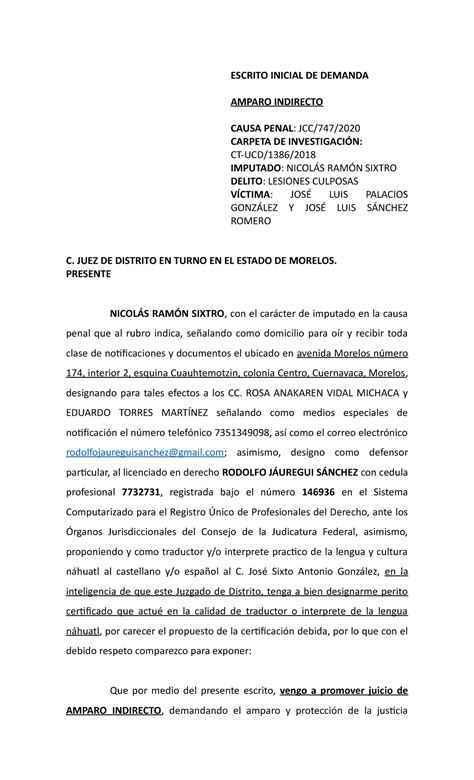 Amparo Sixtro ESCRITO INICIAL DE DEMANDA AMPARO INDIRECTO CAUSA PENAL