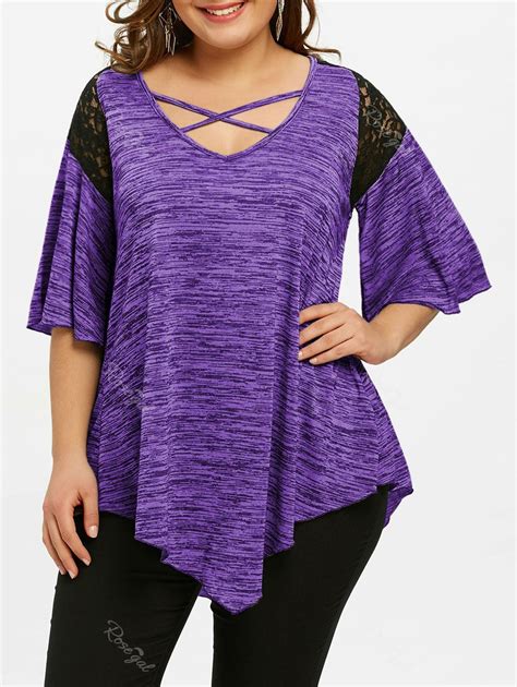 63 OFF Plus Size Flare Sleeve Asymmetrical Tunic T Shirt Rosegal