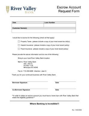 Fillable Online Escrow Account Request Form River Valley Bank Fax