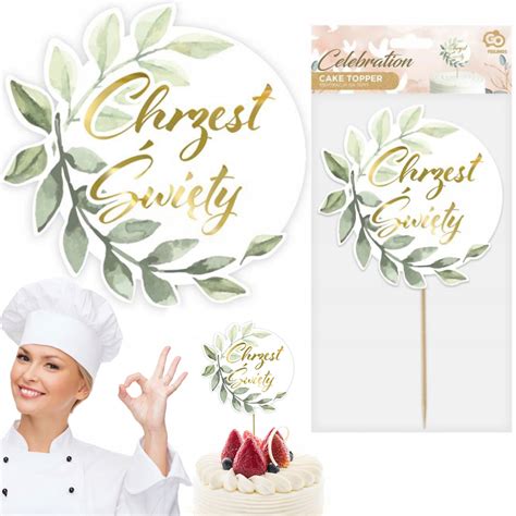 DUŻY TOPPER NA TORT CHRZEST ŚWIĘTY ZŁOTY Z LISTKAMI KWIATY OZDOBA