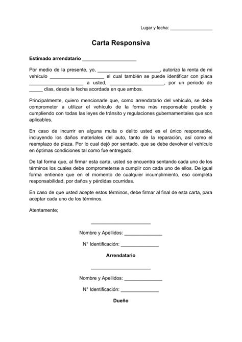 ᐅ Carta Responsiva para Renta de Auto Ejemplos