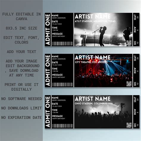 Editable Concert Ticket Template Custom Concert Ticket Personalized