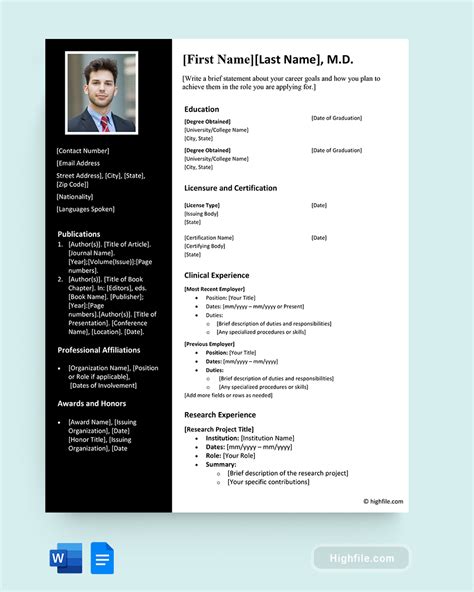 Physician CV Template Word Google Docs Highfile
