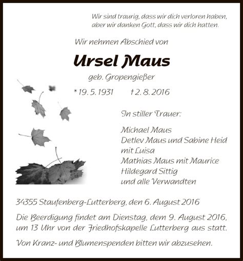 Traueranzeigen Von Ursel Maus Trauer HNA De