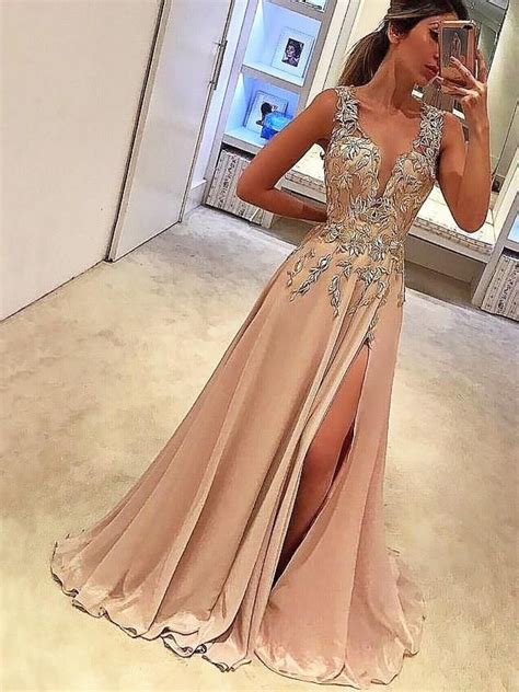 A Line Princess V Neck Sleeveless Floor Length Applique Chiffon Dresses