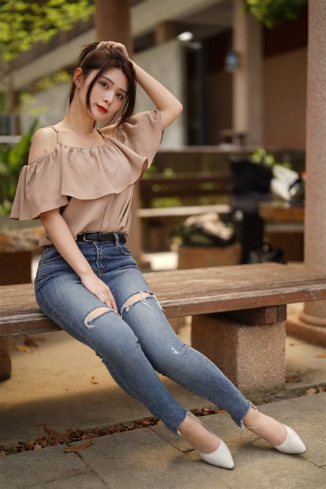 4K Asian Bench Sitting Legs Stilettos Skirt Blouse HD Wallpaper