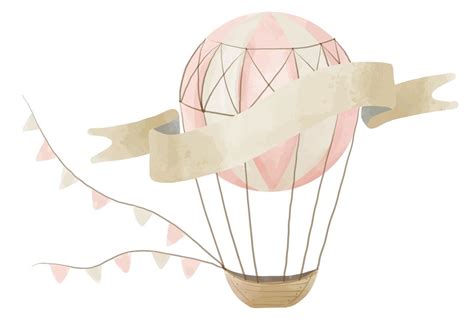 Watercolor Pink Hot Air Balloon With Basket And Pennants Hand Drawn