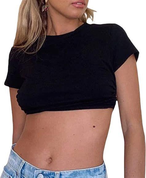 Damen Sexy Kurzarm Crop Tee Tops Rundhals Rückenfrei Kurz Wrap T Shirts