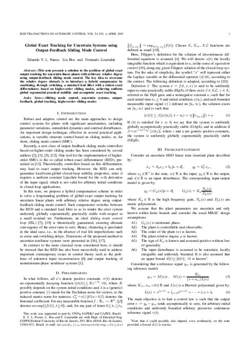 pdf global exact tracking for uncertain systems using output feedback sliding mode control