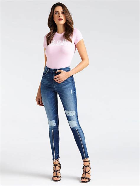 Jeans Taille Haute DÉchirÉ Fermetures Éclair Bleu Guess Jeans Femme Guess