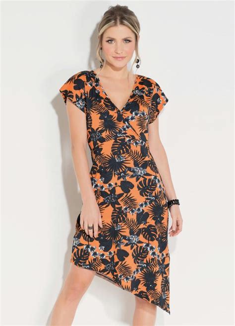 Vestido Quintess Assim Trico Floral Laranja Queima De Estoque