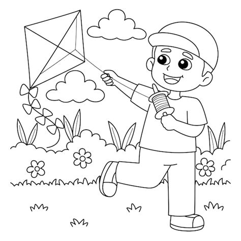 Desenho De Menino Primavera Empinando Pipa Isolado Para Colorir