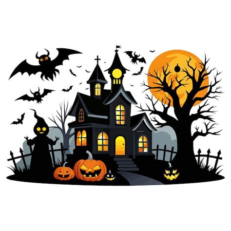 Una Silueta De Una Casa Embrujada Con Happy Halloween Escrito En