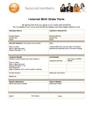 Fillable Online Internal Shift Order Form Adept Telecomcouk Fax Email