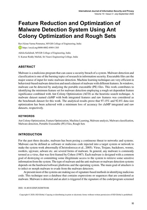 pdf feature reduction and optimization of malware detection system using ant colony