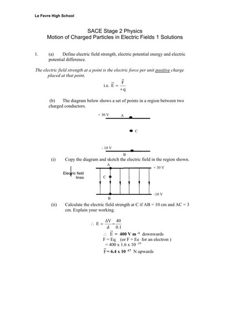 worksheet motion of charged particles in electric fields 1 solution