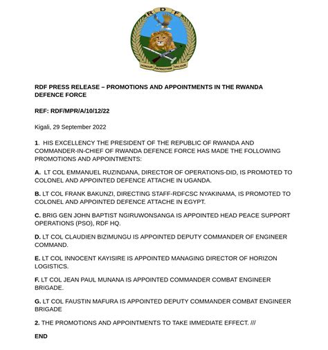 Rwanda Defence Force On Twitter Rdf Press Release Promotions And