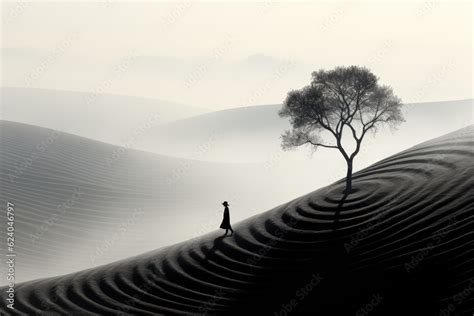 Paysage En Noir Et Blanc Paisible Et Calme Avec Des Dunes Et Un Arbre