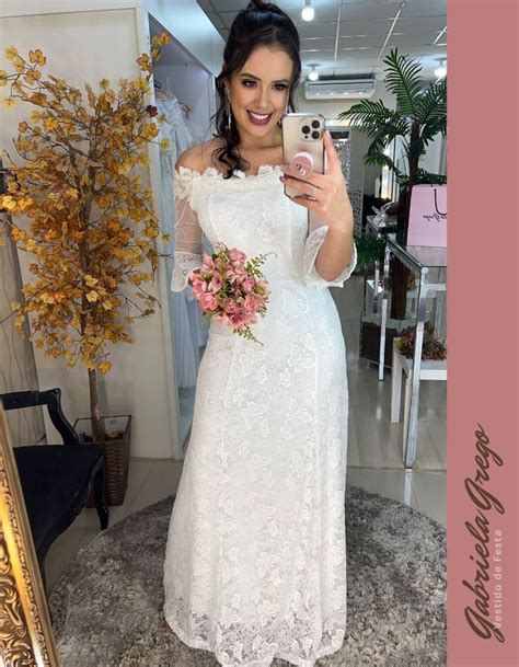Vestido Longo Branco Ombro A Ombro Em Renda Veneza Tule Poa Nas