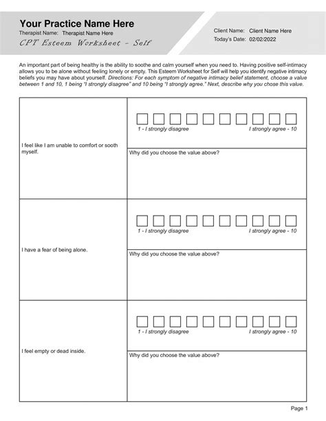 Cognitive Processing Therapy CPT Esteem Worksheet For Self PDF