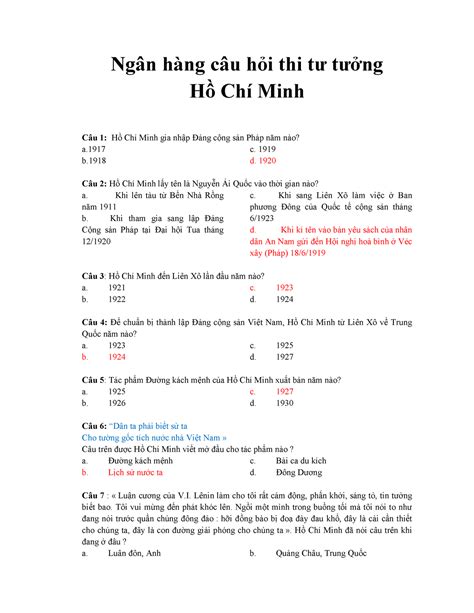 Ngân hàng câu hỏi Summary Tư tưởng Hồ Chí Minh Ngân hàng câu hỏi