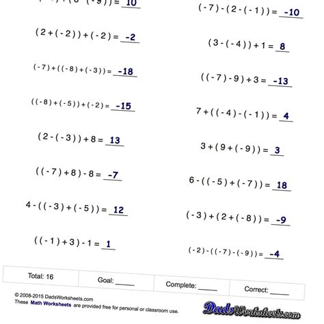 addition and subtraction of negative numbers worksheets