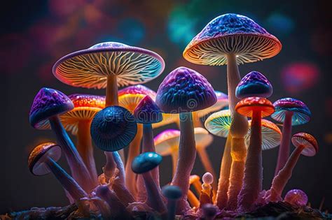 Psychedelic Glowing Mushrooms In Forest Magical Background With