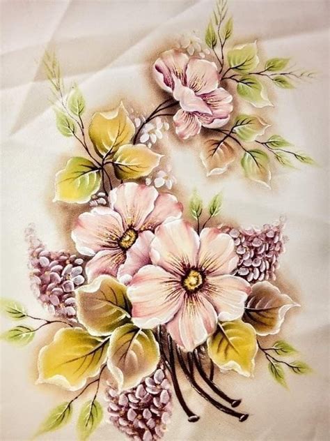 A Painting Of Pink Flowers And Green Leaves
